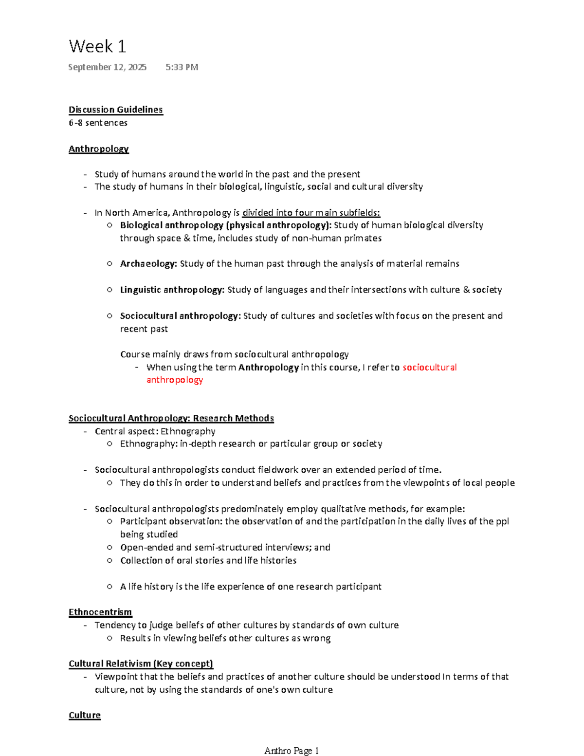 Anthro 101: Week 1 Discussion Guidelines & Key Concepts - Studocu