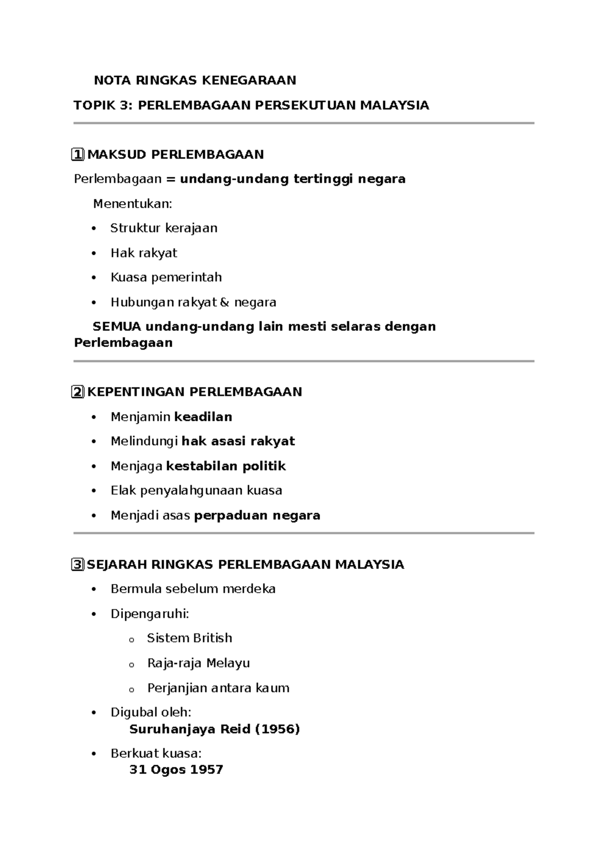 NOTA RINGKAS KENEGARAAN TOPIK 3: PERLEMBAGAAN PERSEKUTUAN MALAYSIA ...