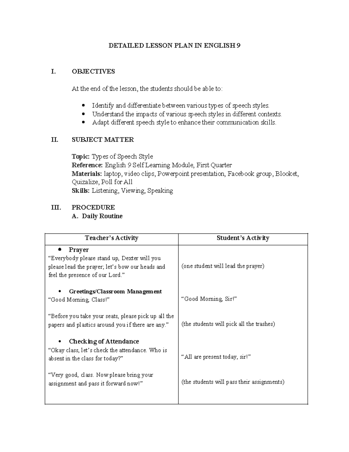 DLP EN 9 Types of Speech Styles Lesson Plan - Studocu