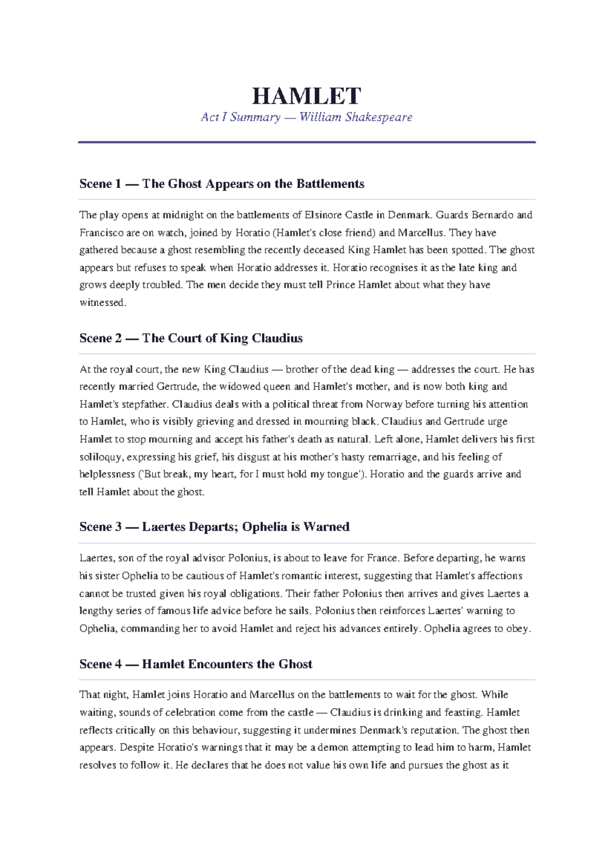 HAMLET (Act I) Summary: The Ghost and Court Intrigues - Studocu