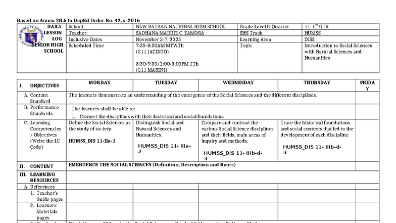 G11 HUMSS DLL-DISS-1: Disciplines & Ideas in Social Sciences Lesson ...