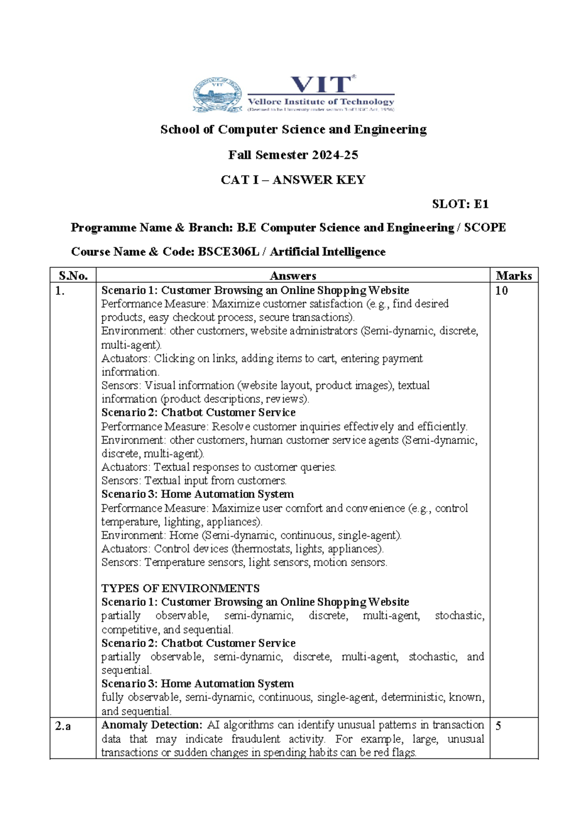 Fallsem 2024-25 BCSE306L AI CAT I Answer Key & Scenarios - Studocu