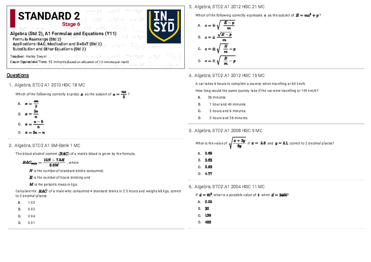MSA1 - Band 4 HSC Maths Standard 2 Questions and Solutions - Studocu