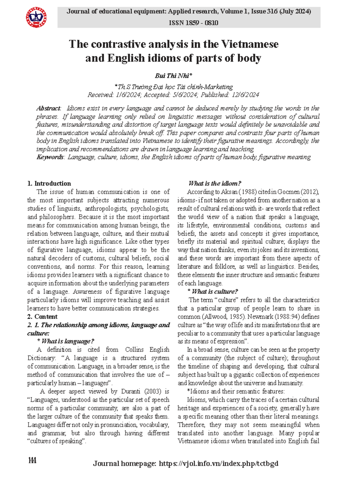 Contrastive Analysis of Body Idioms in English & Vietnamese (ENG 101 ...