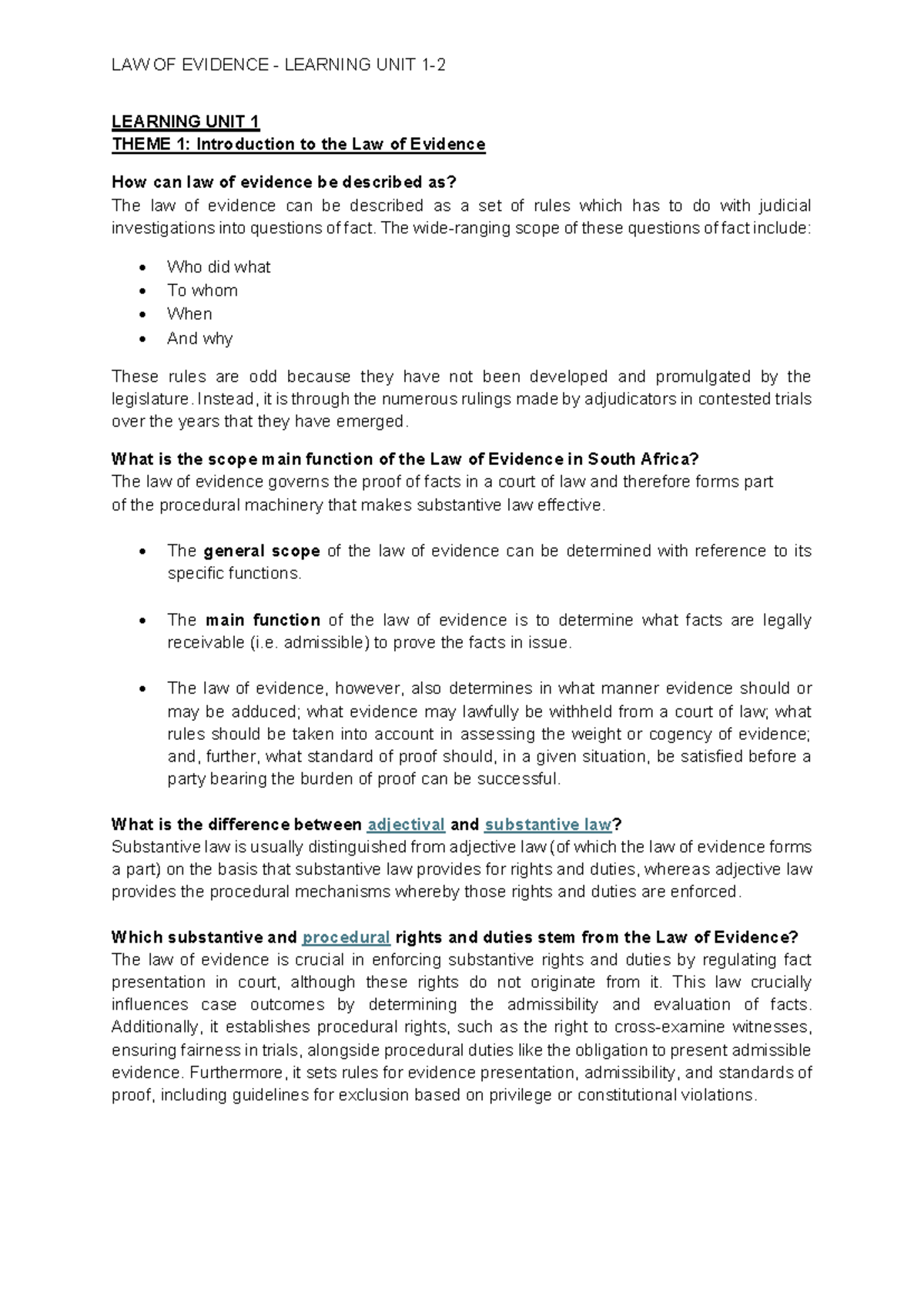 LAW OF EVIDENCE - LEARNING UNIT 1 & 2: Key Concepts and Principles ...