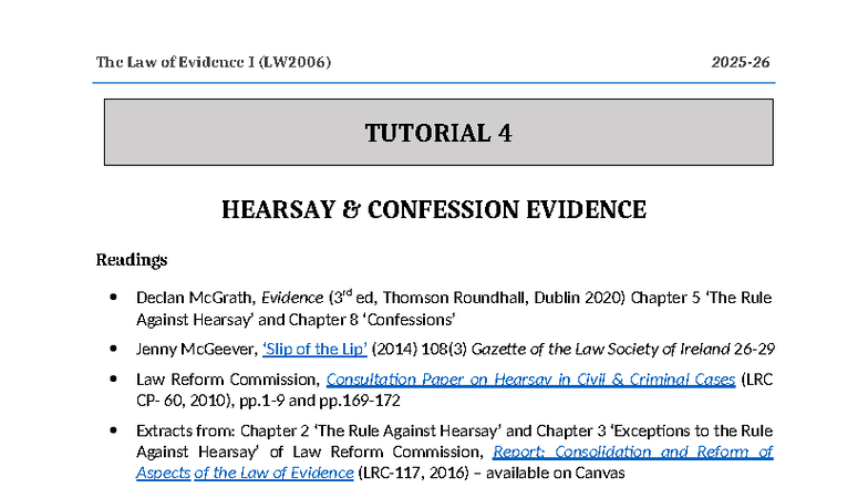 Tutorial 4: Hearsay & Confession Evidence (LW2006) 2025 - Studocu