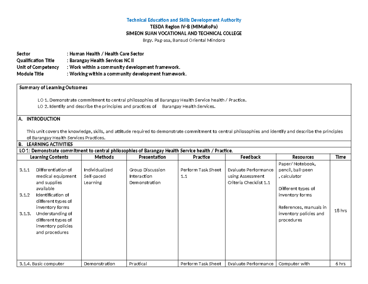 Session Plan for Demo Teaching BHS NC II: Community Health Framework ...