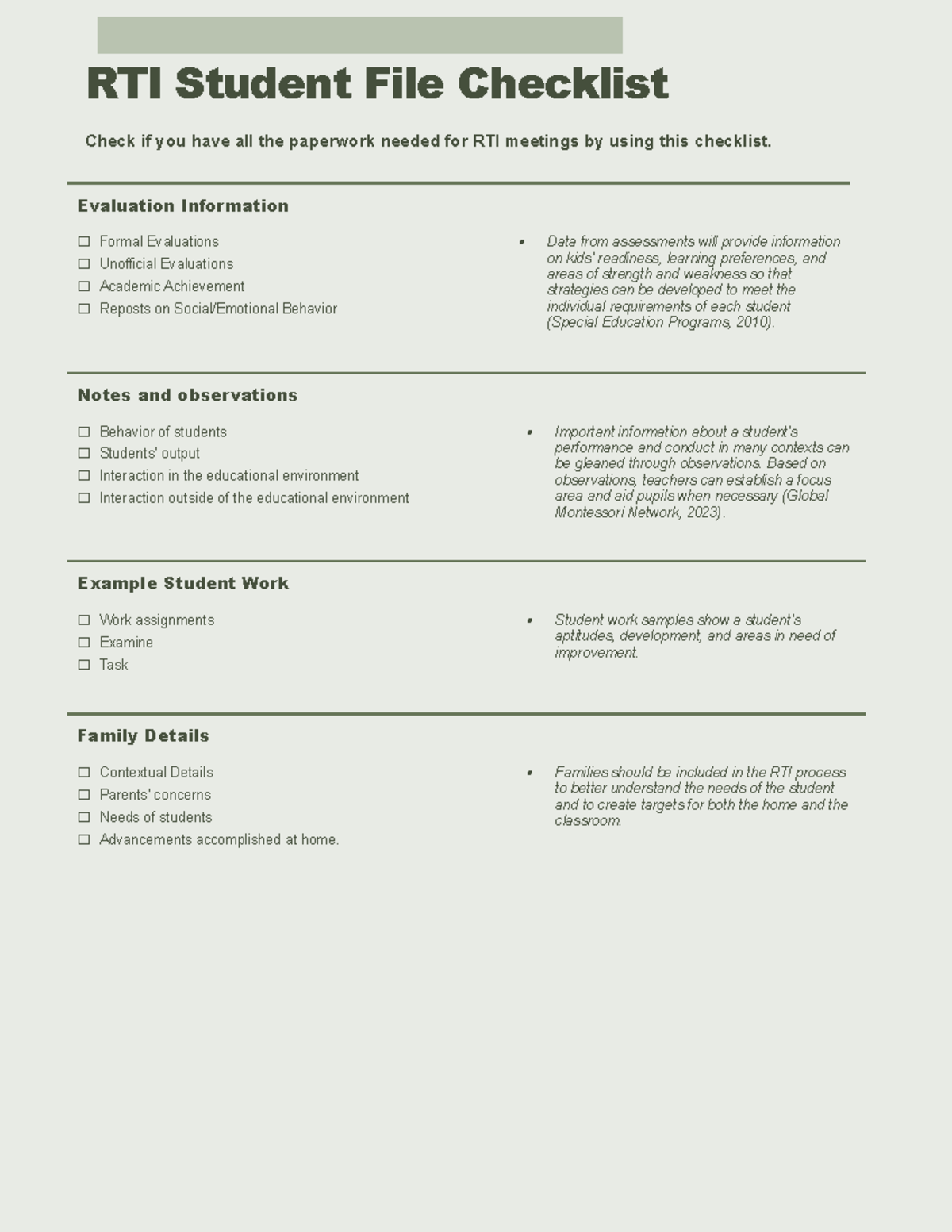 RTI Student File Checklist: Essential Documents for Meetings - Studocu