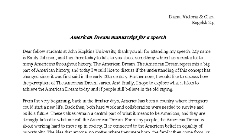 Engelsk 2.g Speech Manuscript: The American Dream Analysis - Studocu