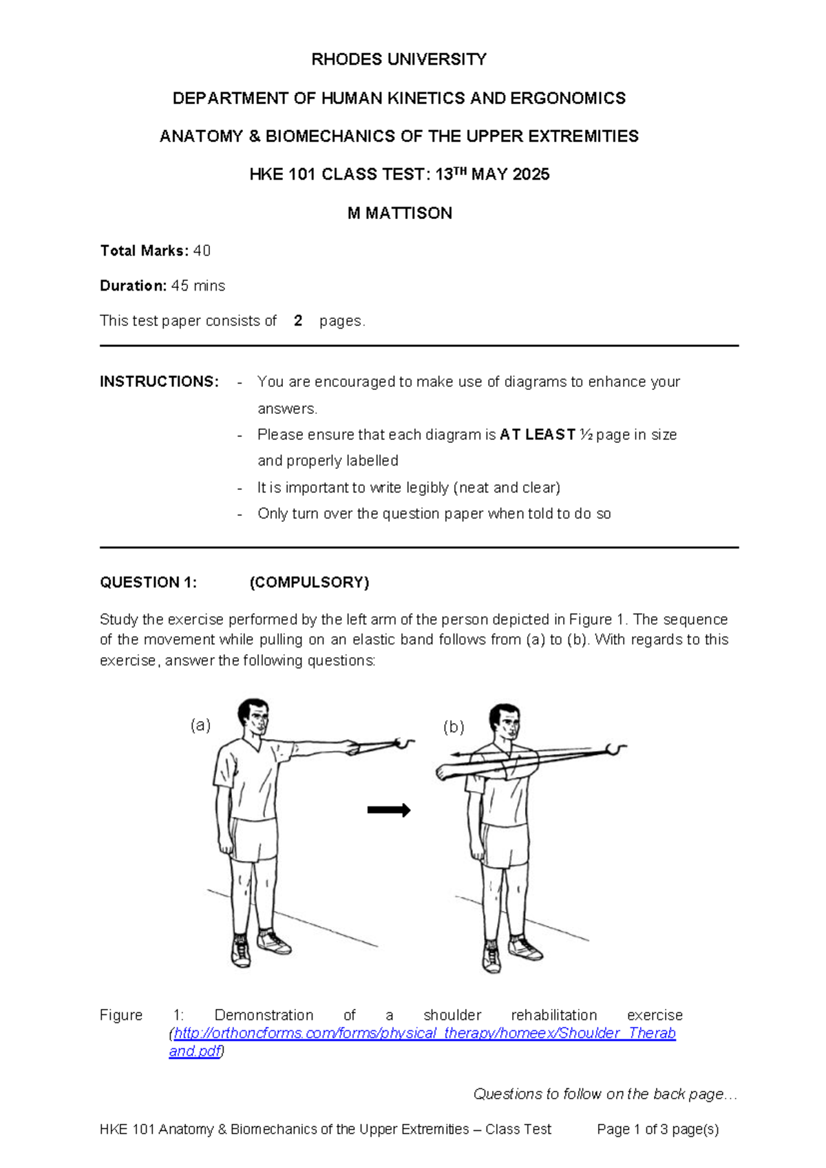 HKE 101 Anatomy Biomechanics of the Upper Extremities Class Test Memo ...