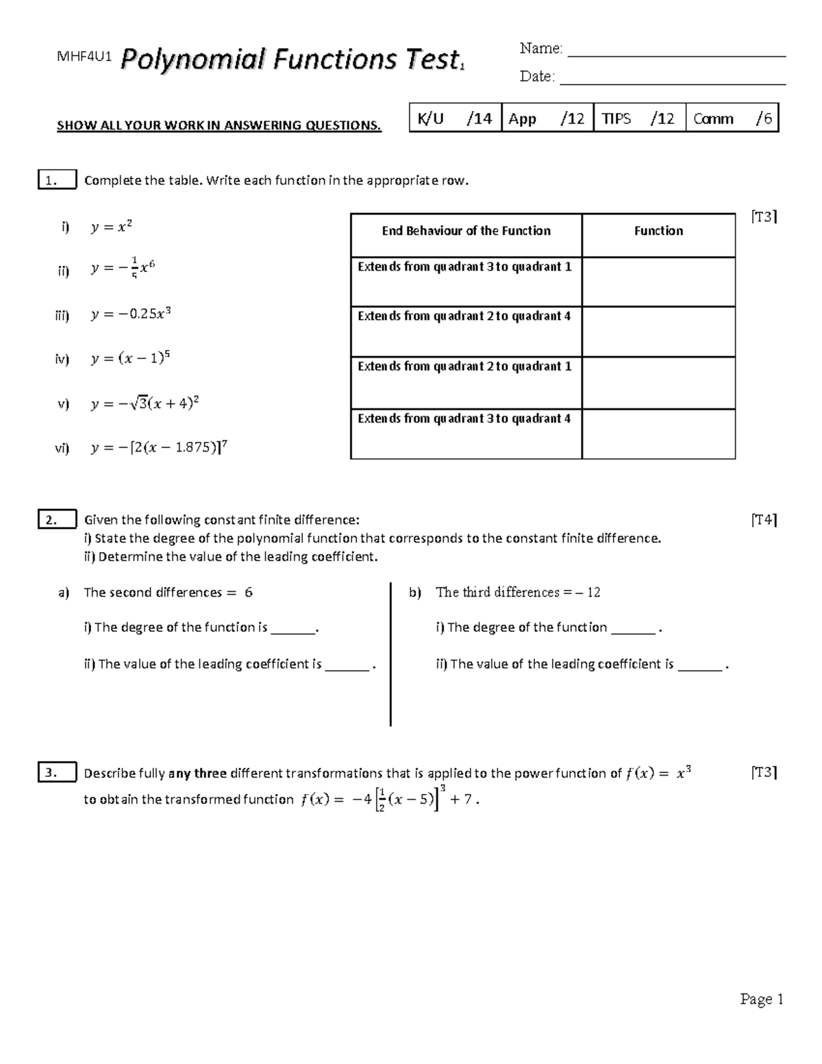 Unit 1 Test - Polynomial Functions Assignment for MHF4U - Studocu