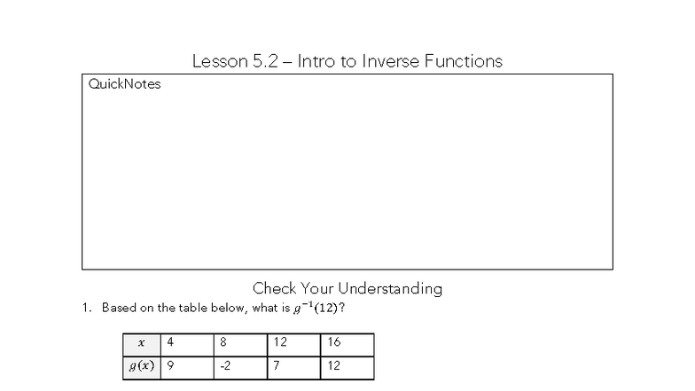 Lesson 5.2: Intro to Inverse Functions QuickNotes & HW 1.6 Part 2 - Studocu