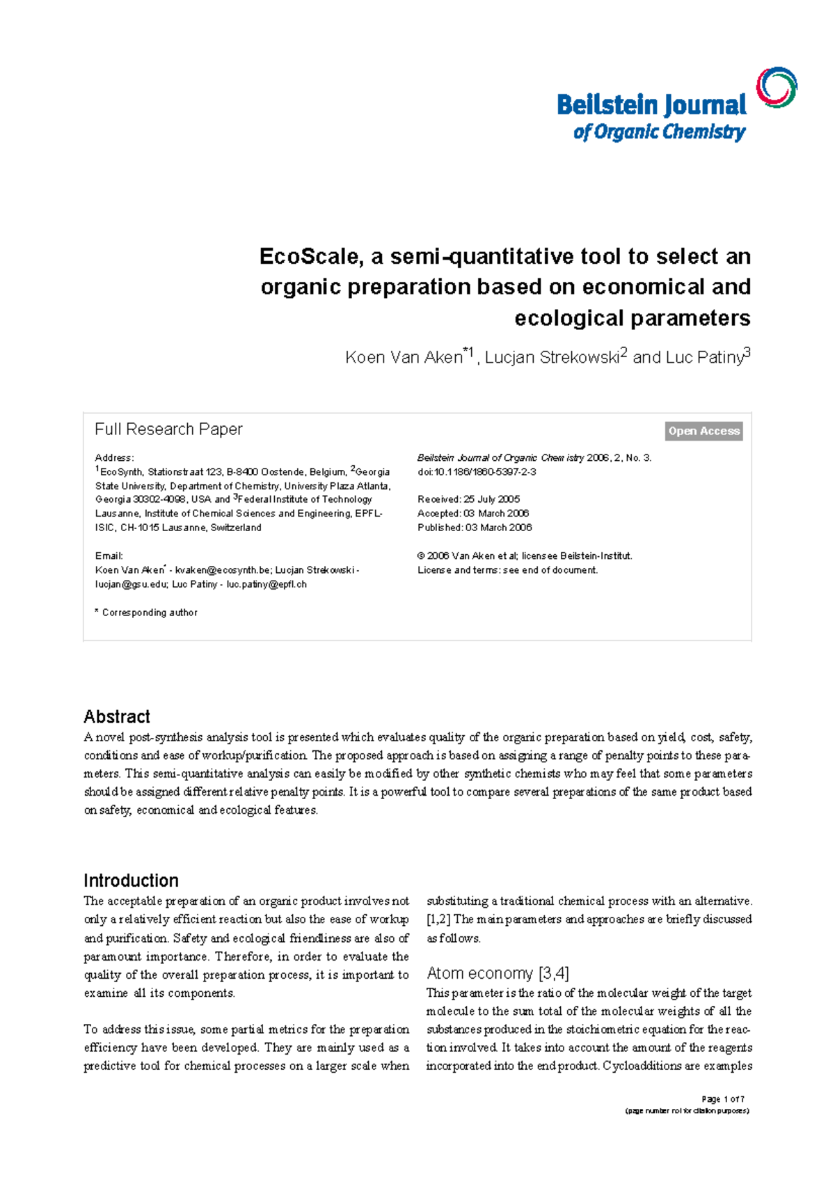 EcoScale: Evaluating Organic Preparations for Eco-Efficiency in ...