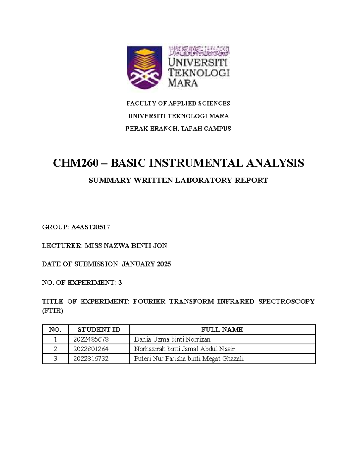 CHM260 Final Lab Report: FTIR Analysis of Organic Compounds - Studocu