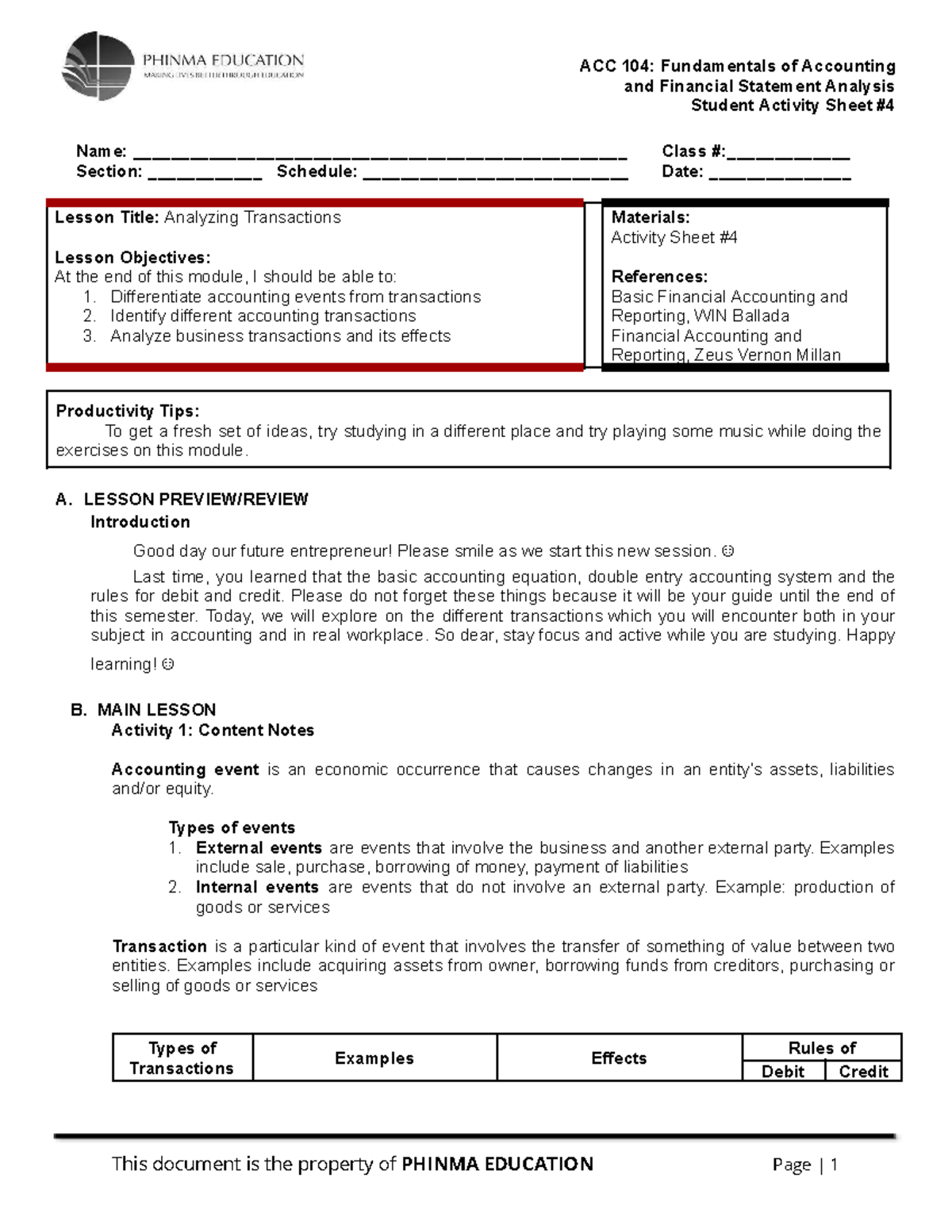 ACC 104: Analyzing Transactions - Student Activity Sheet - Studocu