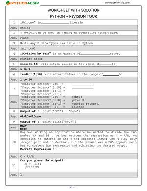 XII CS HW - Worksheet - Revision Tour - WORKSHEET WITH SOLUTION PYTHON – REVISION TOUR 1 ...