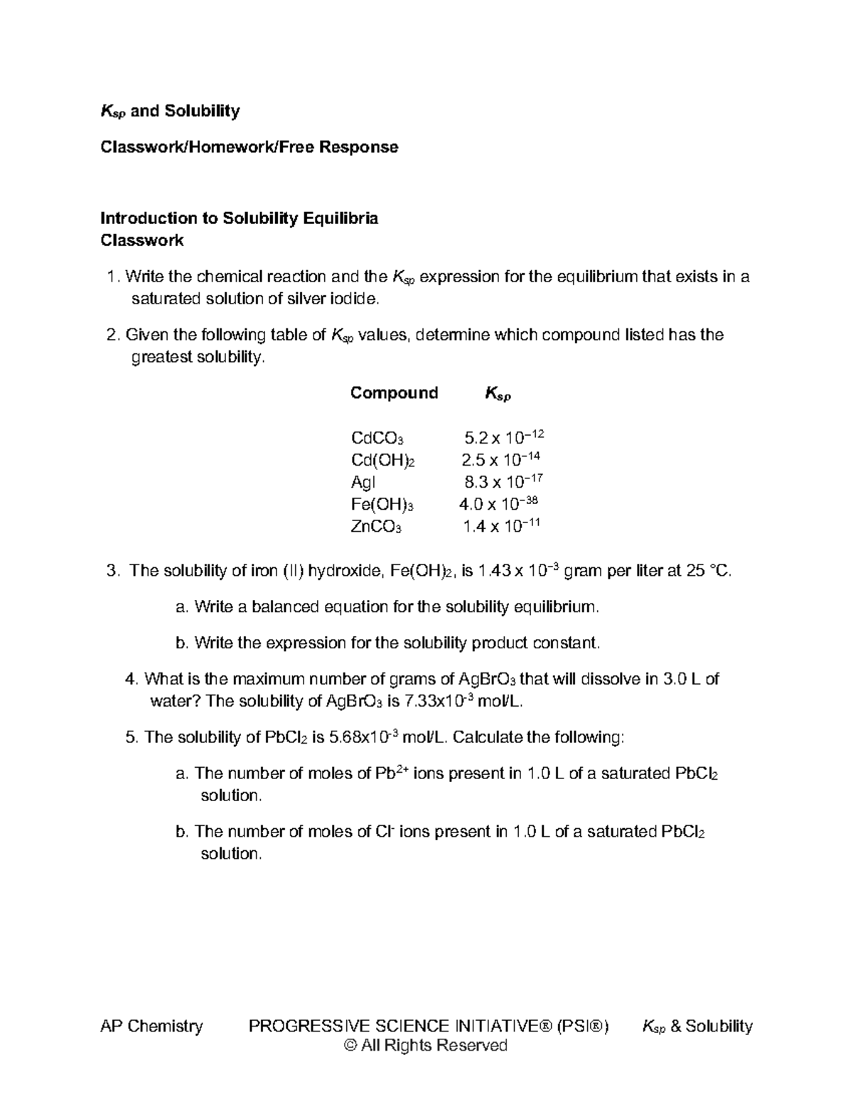 AP Chemistry Ksp & Solubility Practice Problems (Classwork) - Studocu
