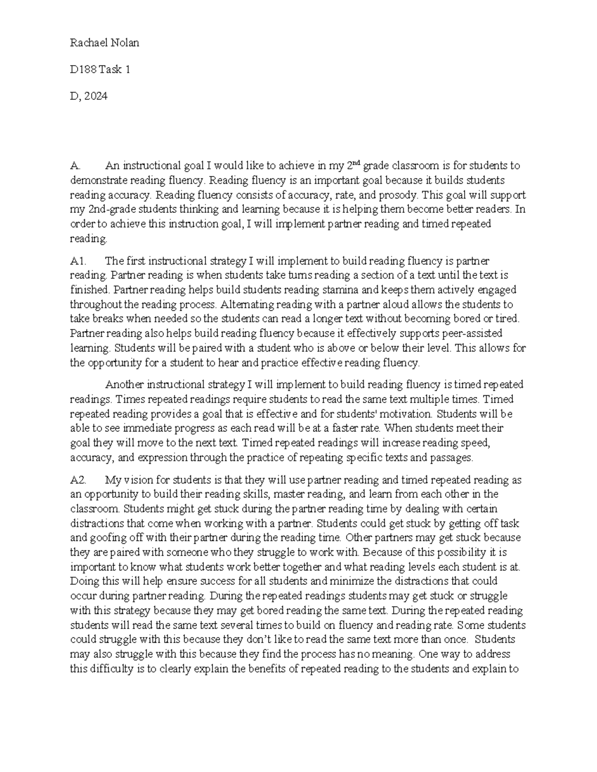 D 188 Task 1 - passed - Rachael Nolan D188 Task 1 D, 2024 A. An ...