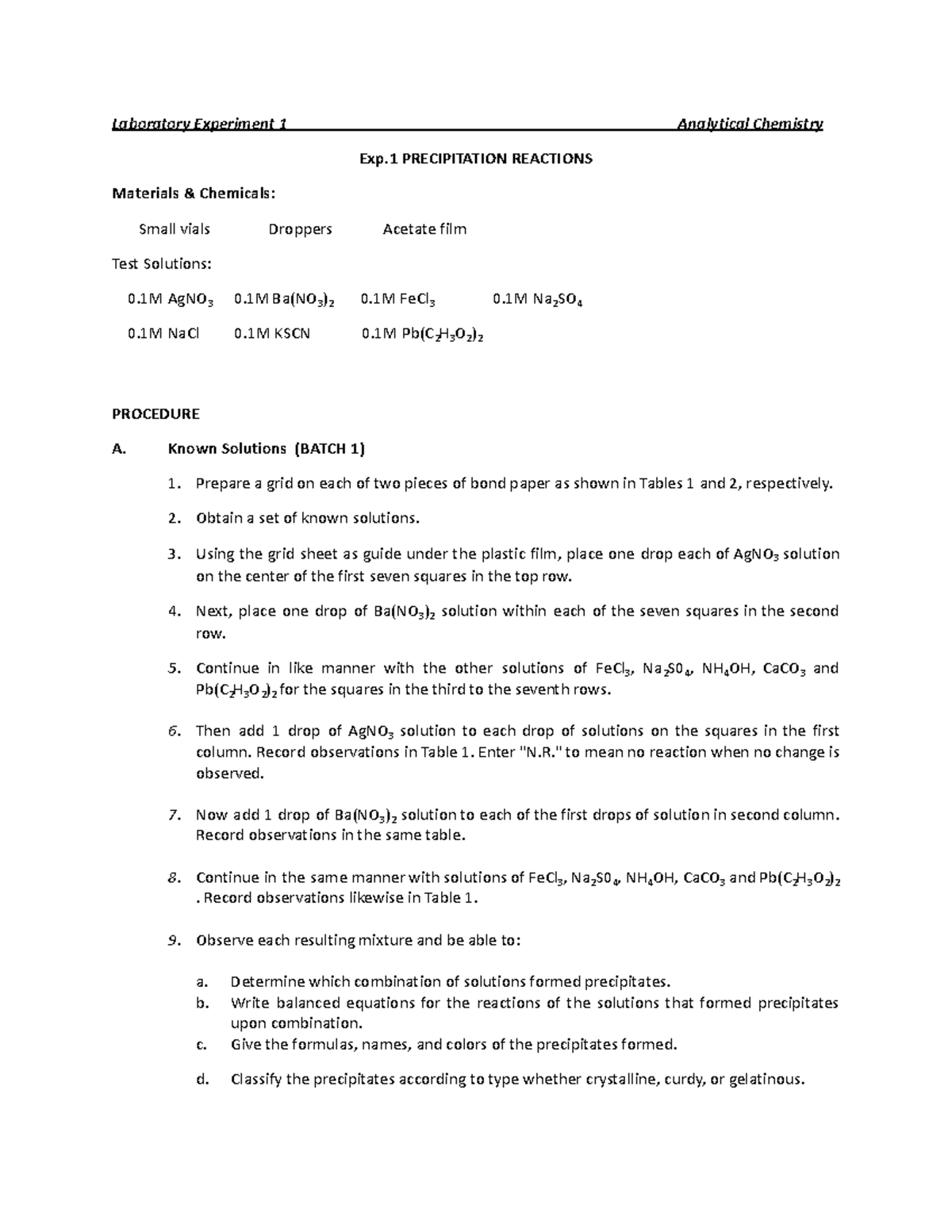 Lab Exp. 1: Precipitation Reactions in Analytical Chemistry (AC lab-1 ...