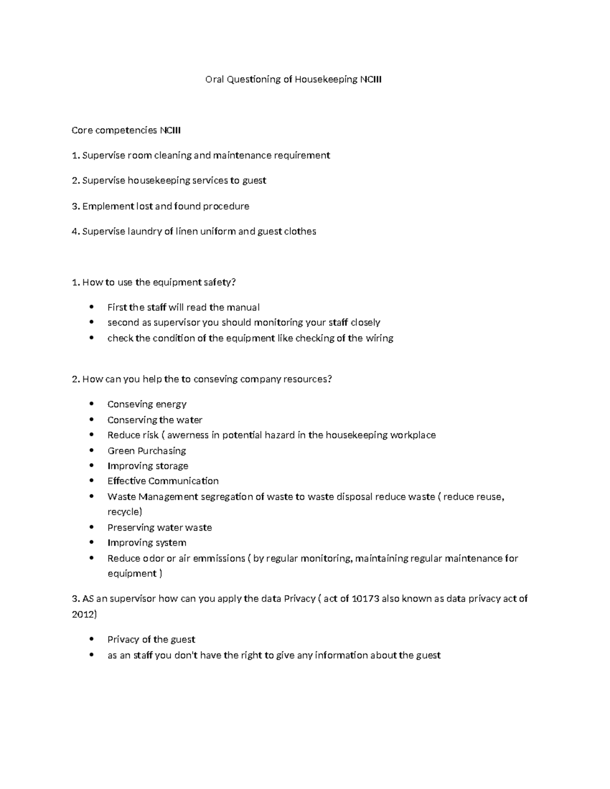 Oral Questioning Guide for Housekeeping NCIII: Core Competencies ...
