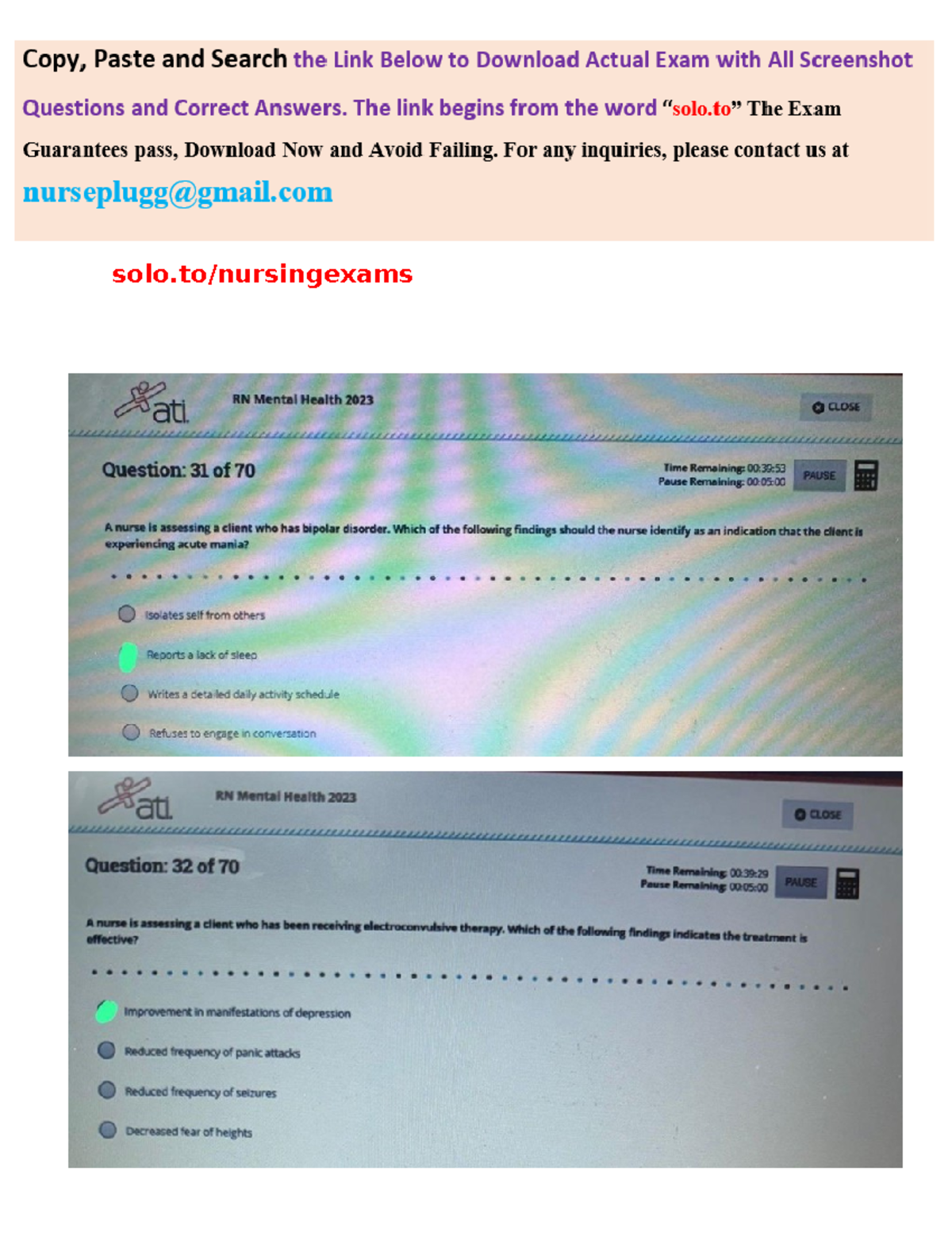 Pass ATI RN Mental Health 2023 Proctored Exam NGN: 70 Q&A Guide - Studocu