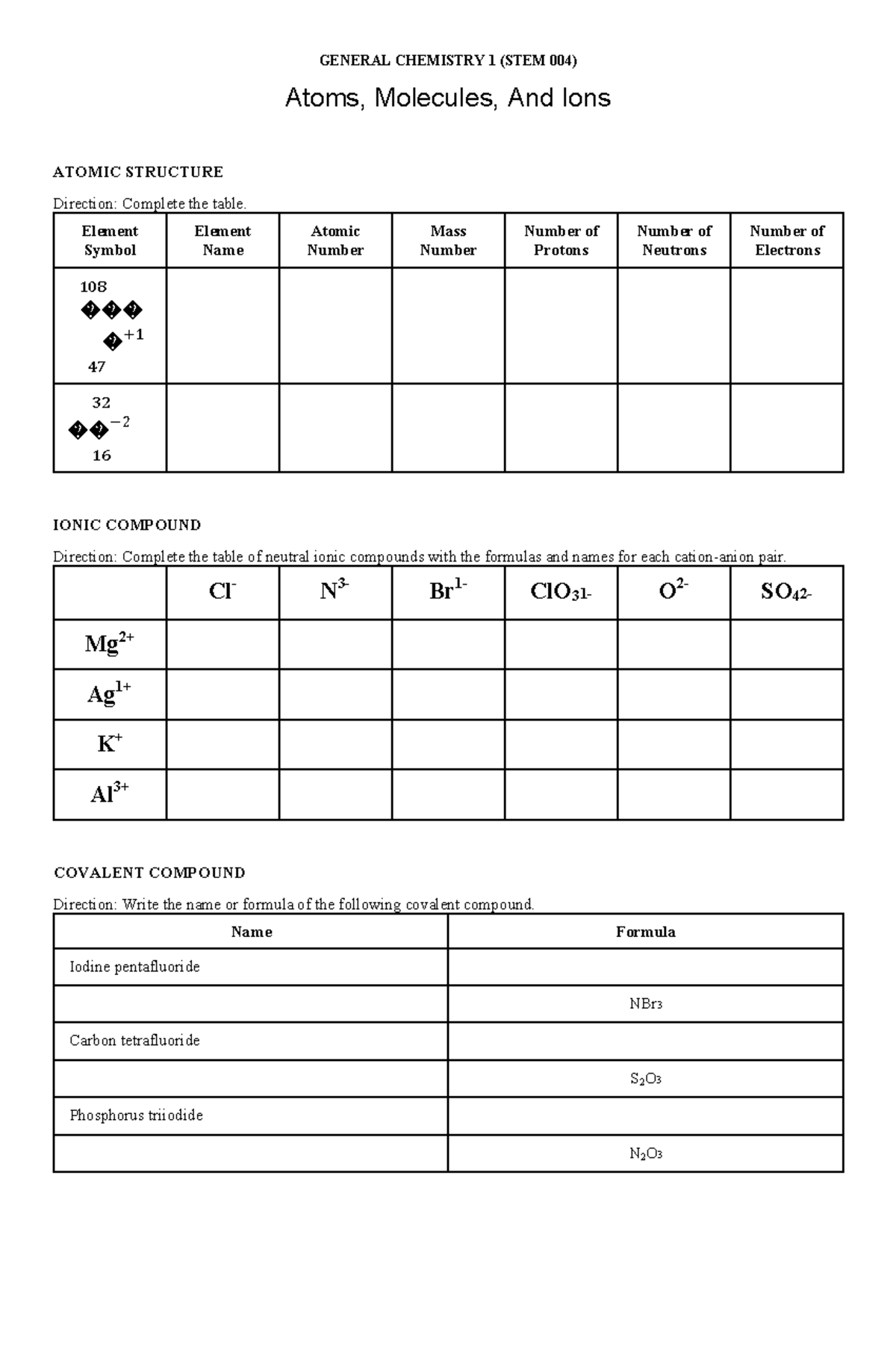 STEM004 General Chemistry 1 Worksheet: Atoms, Molecules & Ions - Studocu