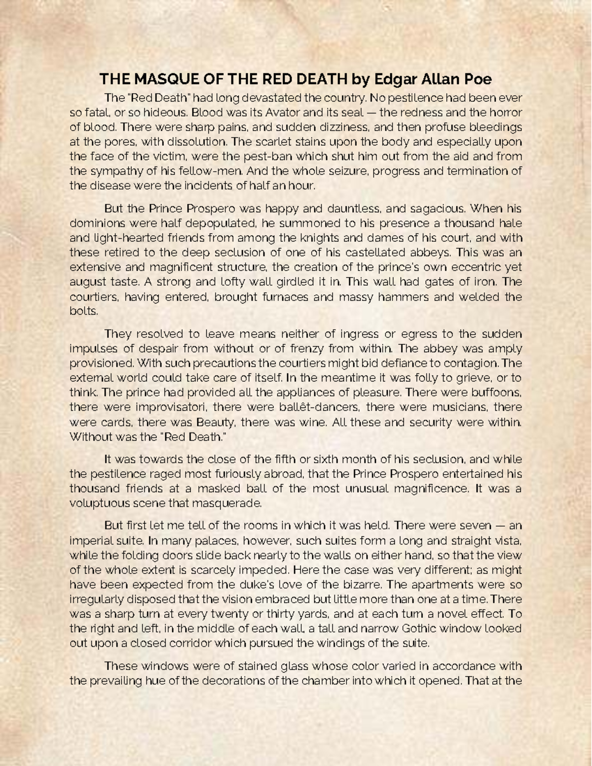 THE MASQUE OF THE RED DEATH: A Study of Poe's Masterpiece - Studocu