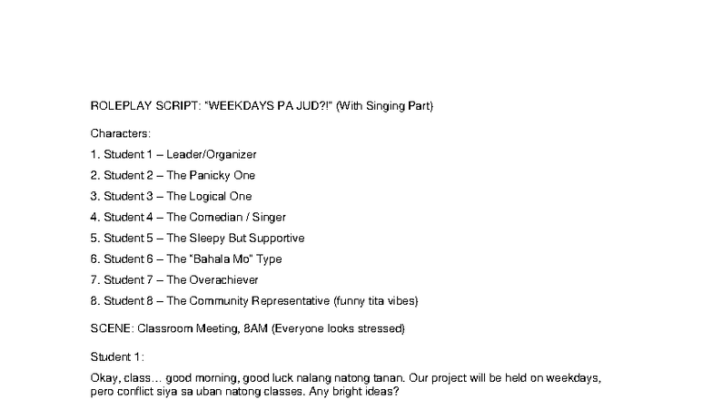 ROLEPLAY SCRIPT: PA (Weekdays & Singing) - Studocu