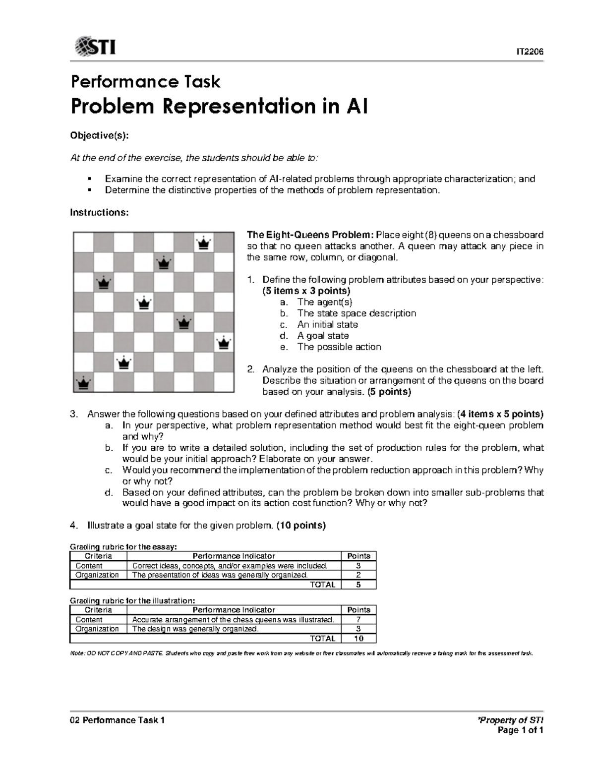 IT2206 Performance Task: Problem Representation in AI - Studocu