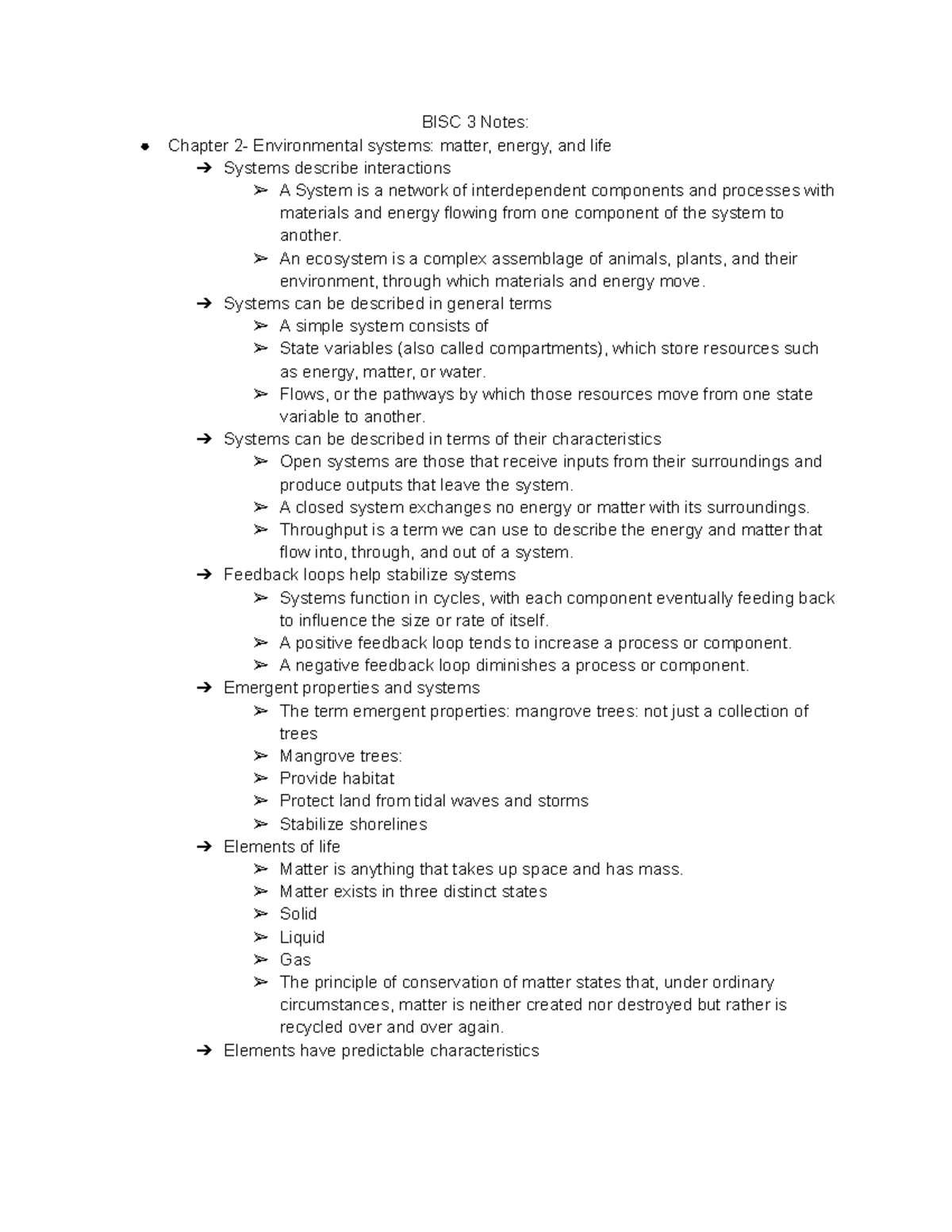 BISC 3 Notes - BISC 3 Notes: Chapter 2- Environmental systems: matter ...