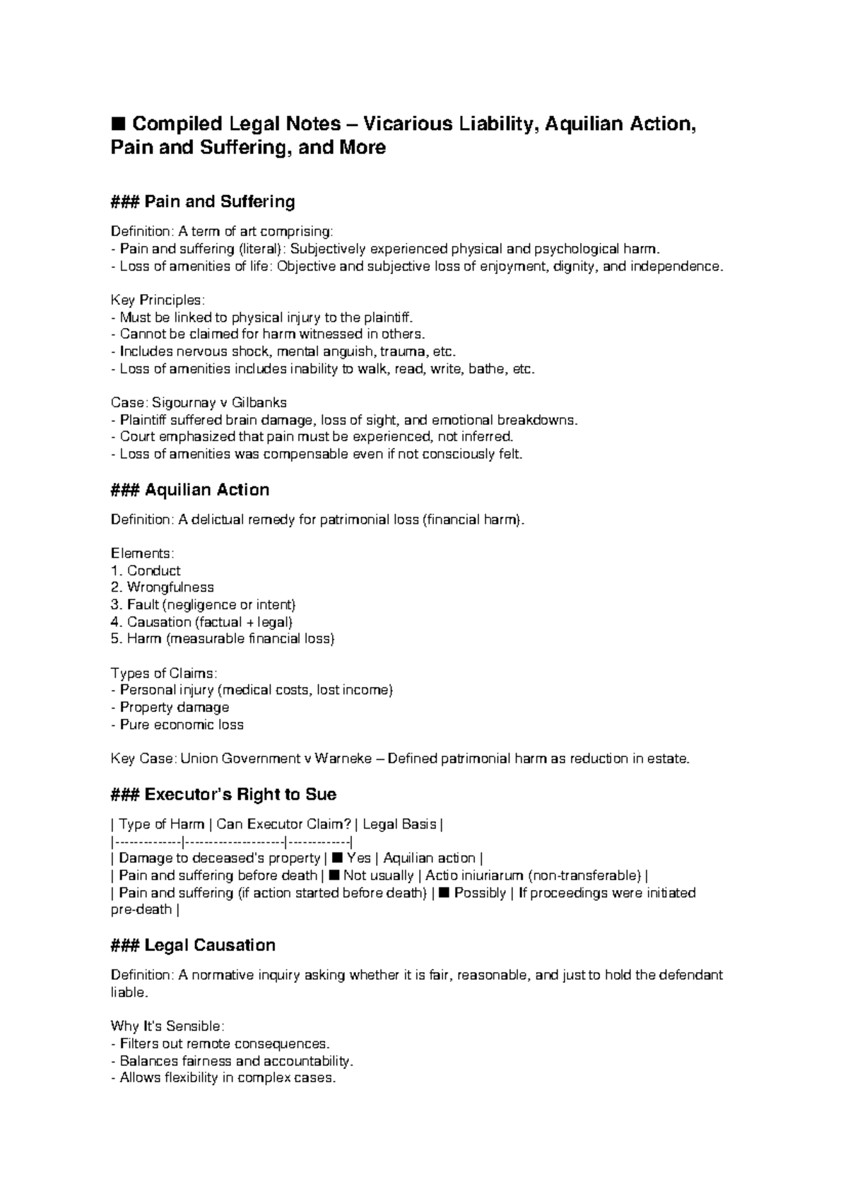 Compiled Legal Notes on Vicarious Liability & Aquilian Action - Studocu