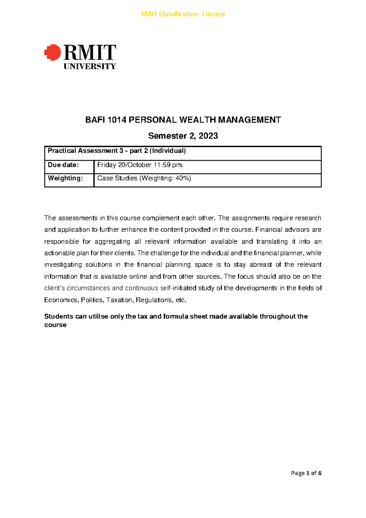 BAFI1014 Practical Assessment 3 S2 2023 - BAFI 1014 PERSONAL WEALTH ...