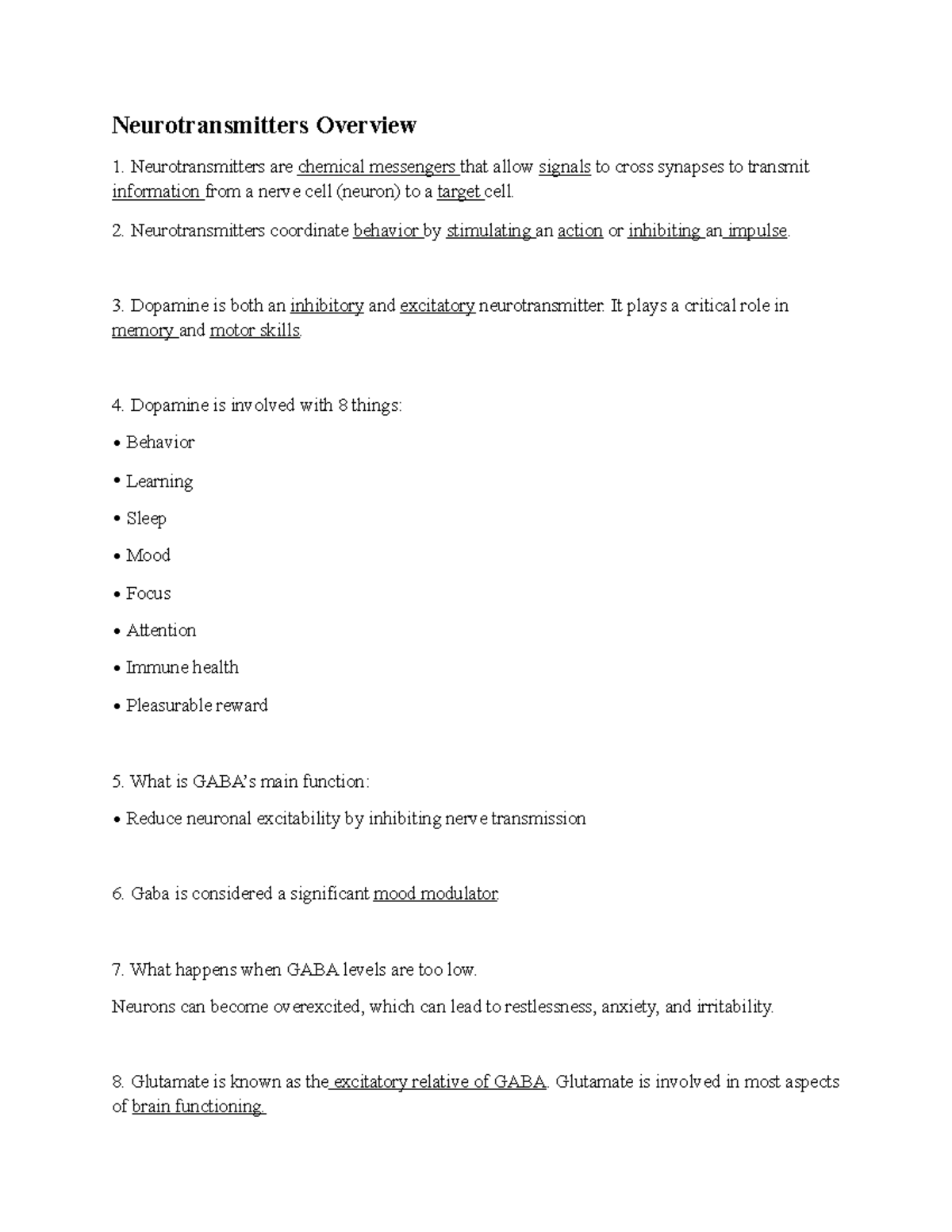 Neurotransmitters Final Assignment Overview and Key Functions - Studocu