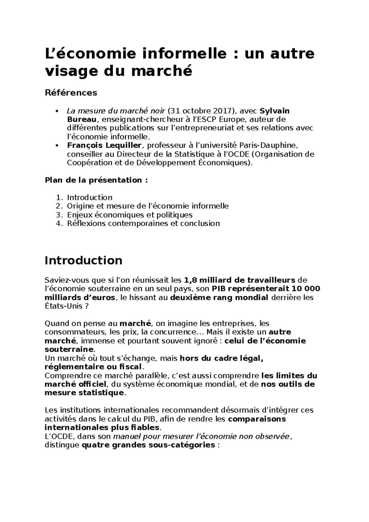 Présentation Éco - Informelle : Un Autre Visage du Marché Noir - Studocu