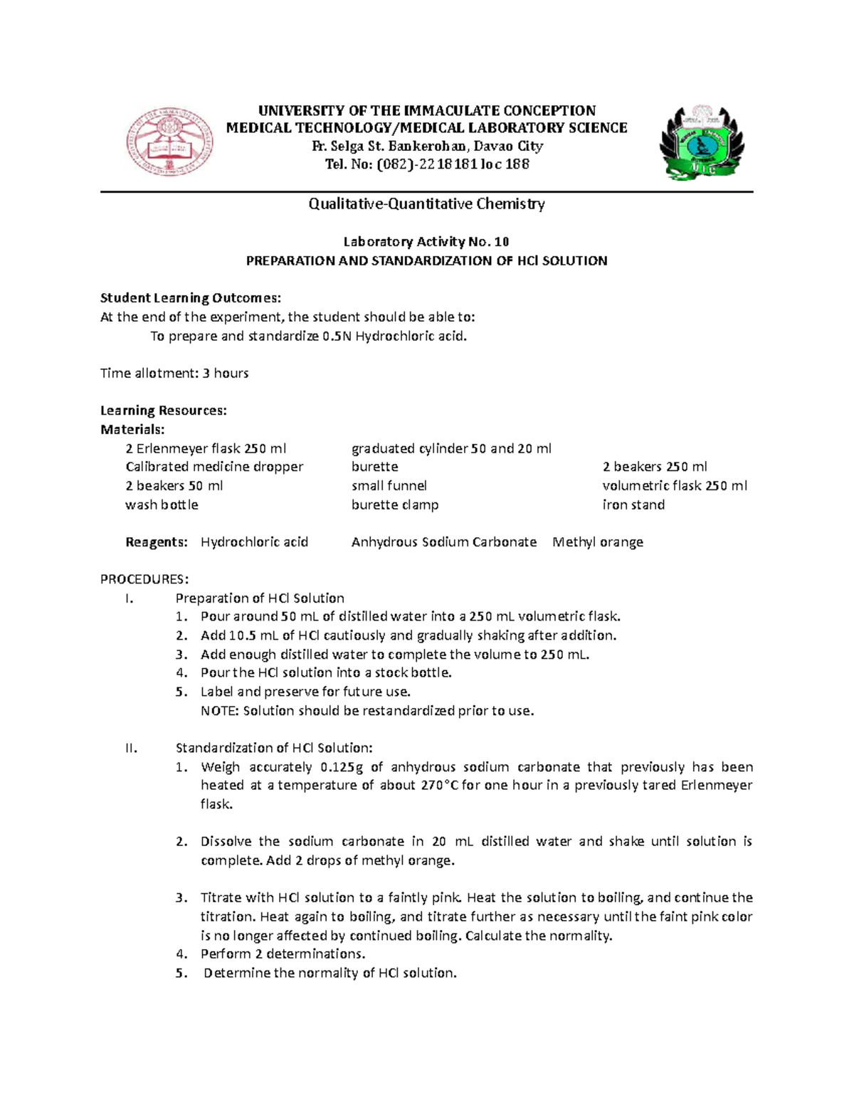 Chemistry Lab Activities: Preparation & Standardization of HCl & NaOH ...