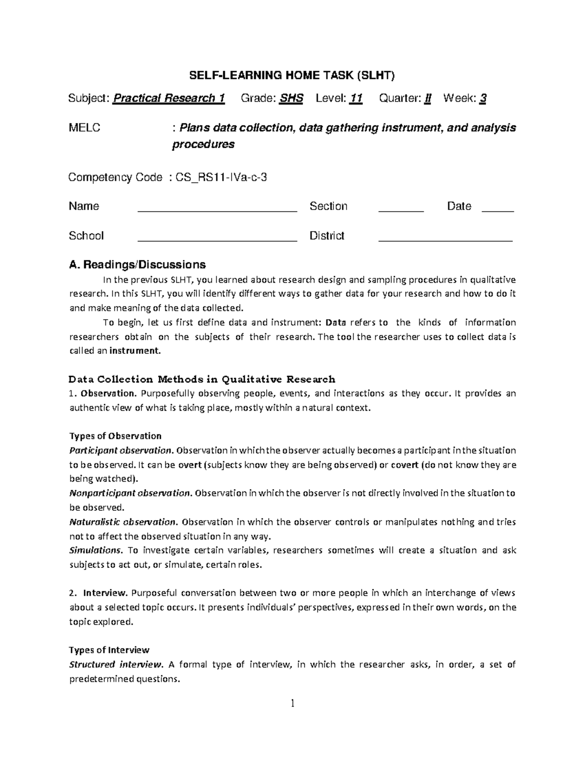 Practical Research 1 SLHT Week 3 - SELF-LEARNING HOME TASK (SLHT ...