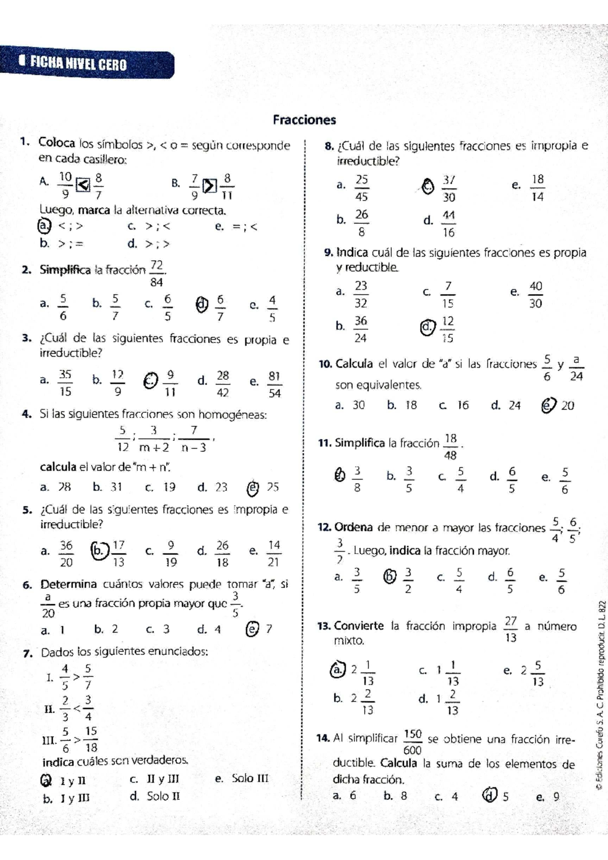FICHA NIVEL CERO: Operaciones con Fracciones - Matemática Secundaria II - Studocu