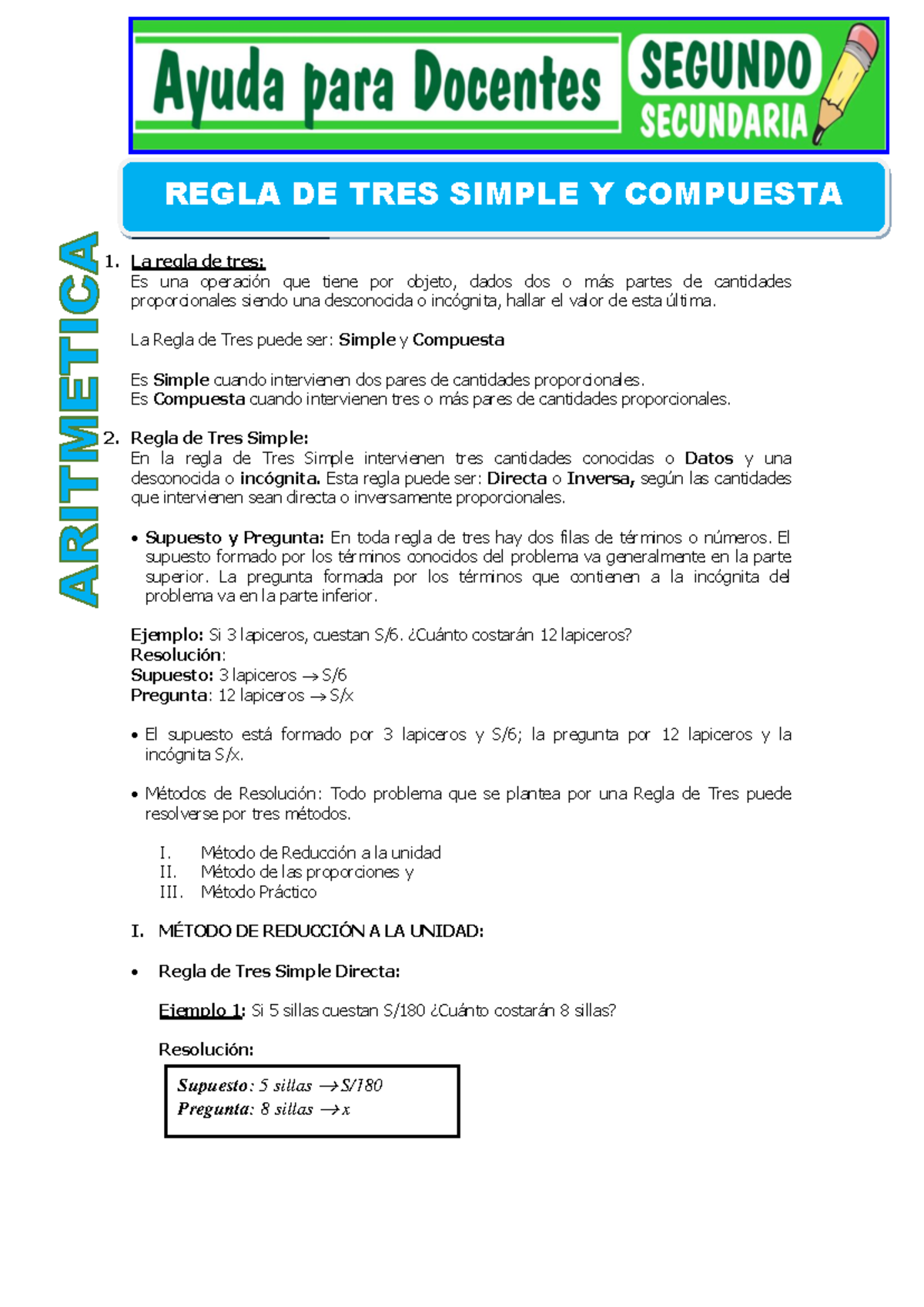 Regla de Tres Simple y Compuesta: Teoría y Ejemplos para 2° Sec. - Studocu