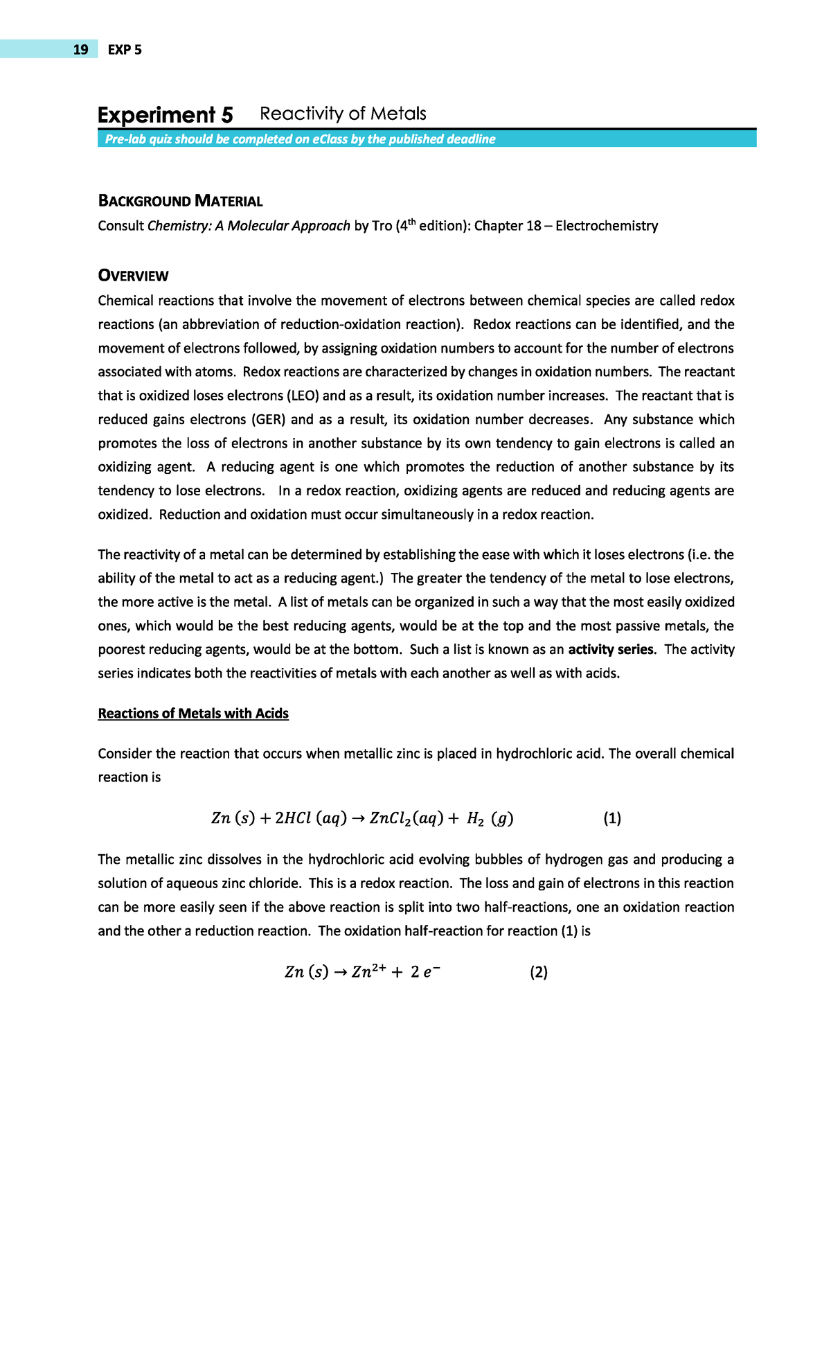 19 EXP 5 Quiz: Reactivity of Metals in Redox Reactions - Studocu