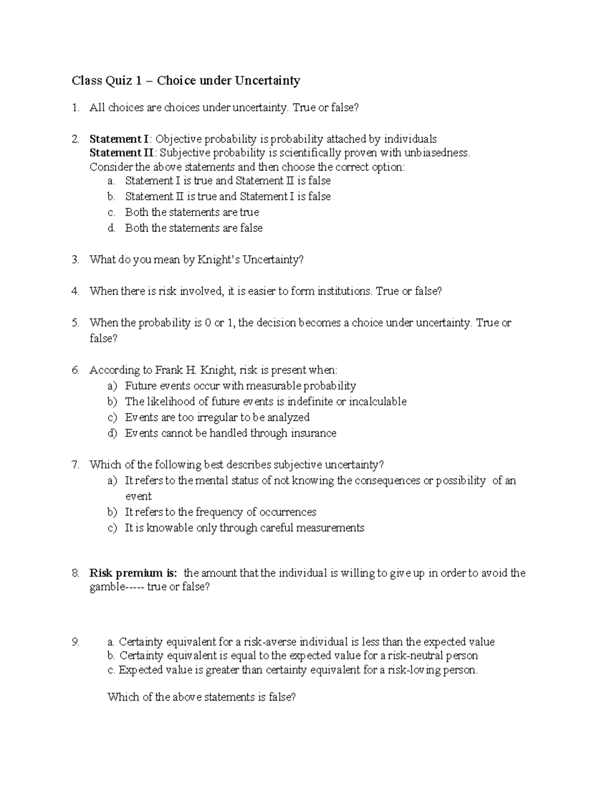 Class Quiz 1: Choices Under Uncertainty Analysis - Studocu