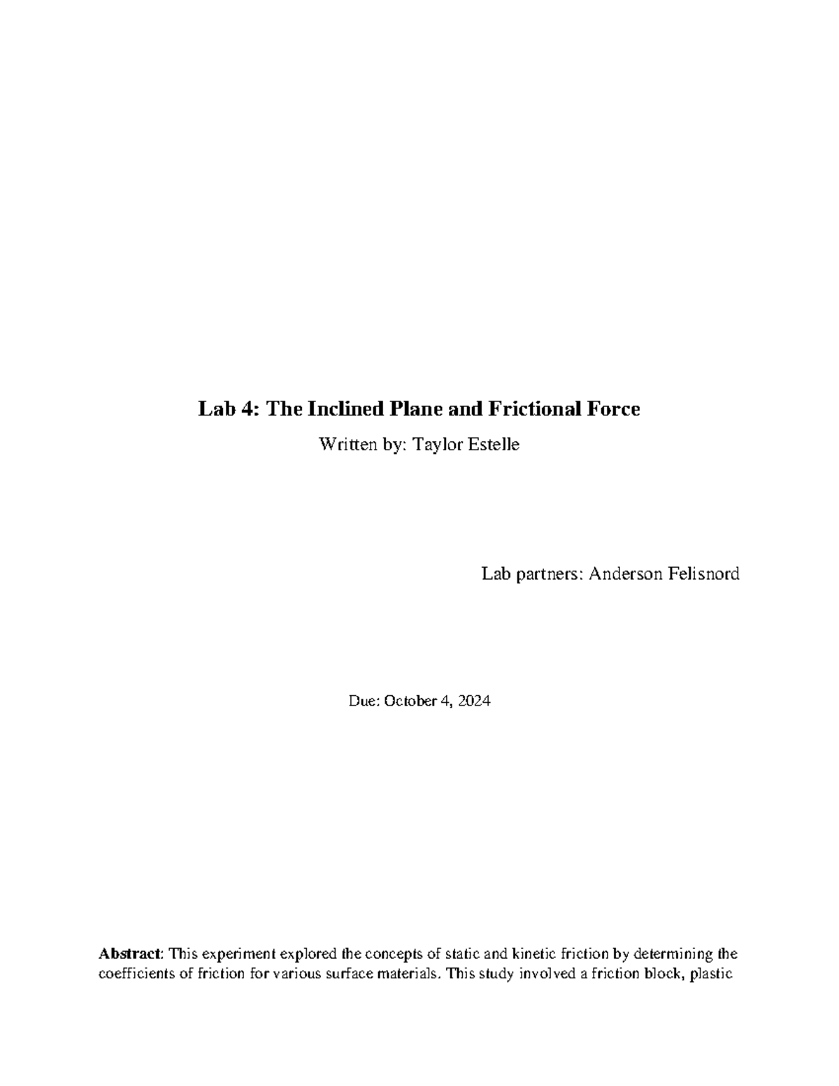 Lab 4: Inclined Plane & Friction - Coefficients of Static & Kinetic ...