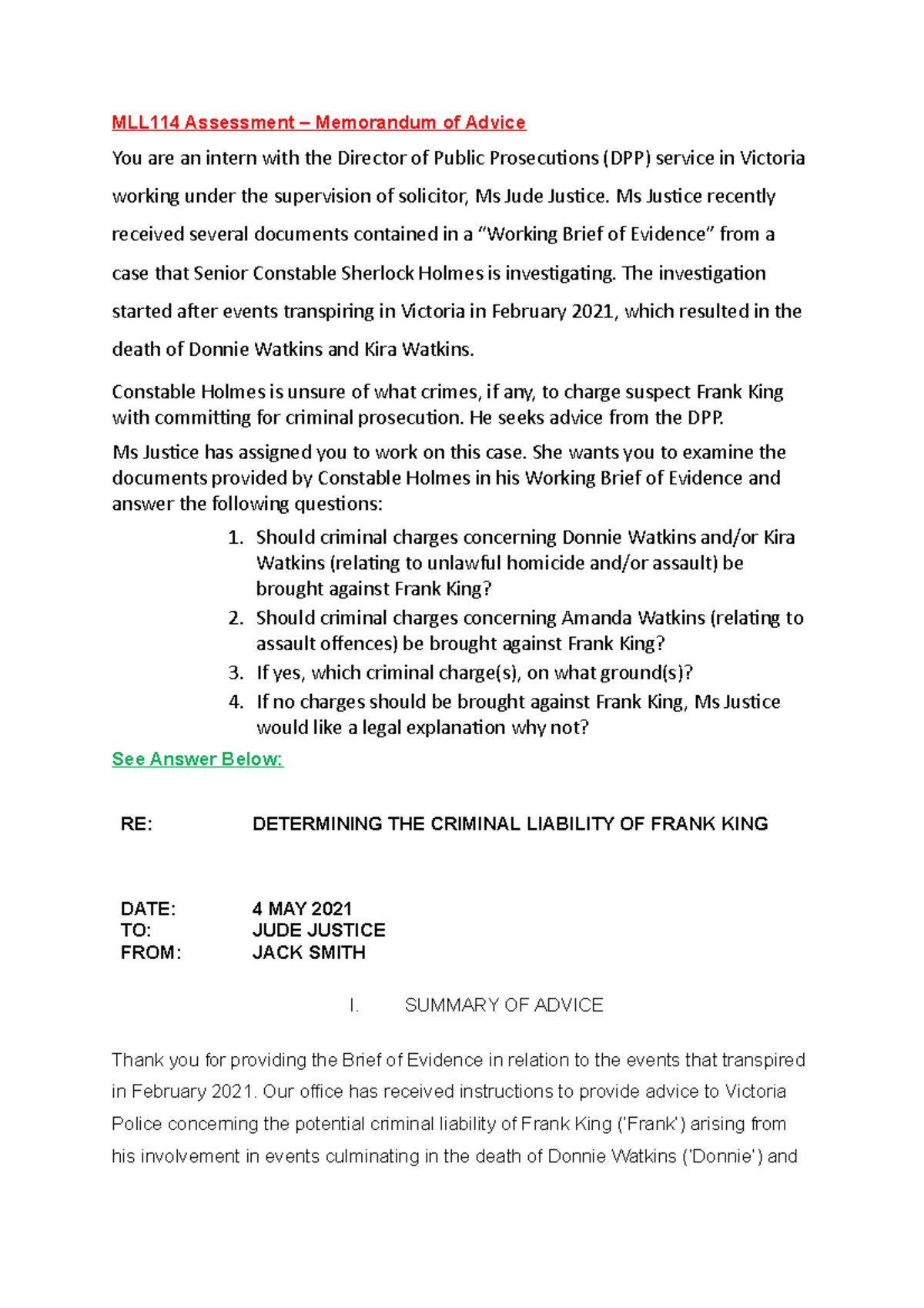 MLL114 Memorandum of Advice on Criminal Liability of Frank King - Studocu