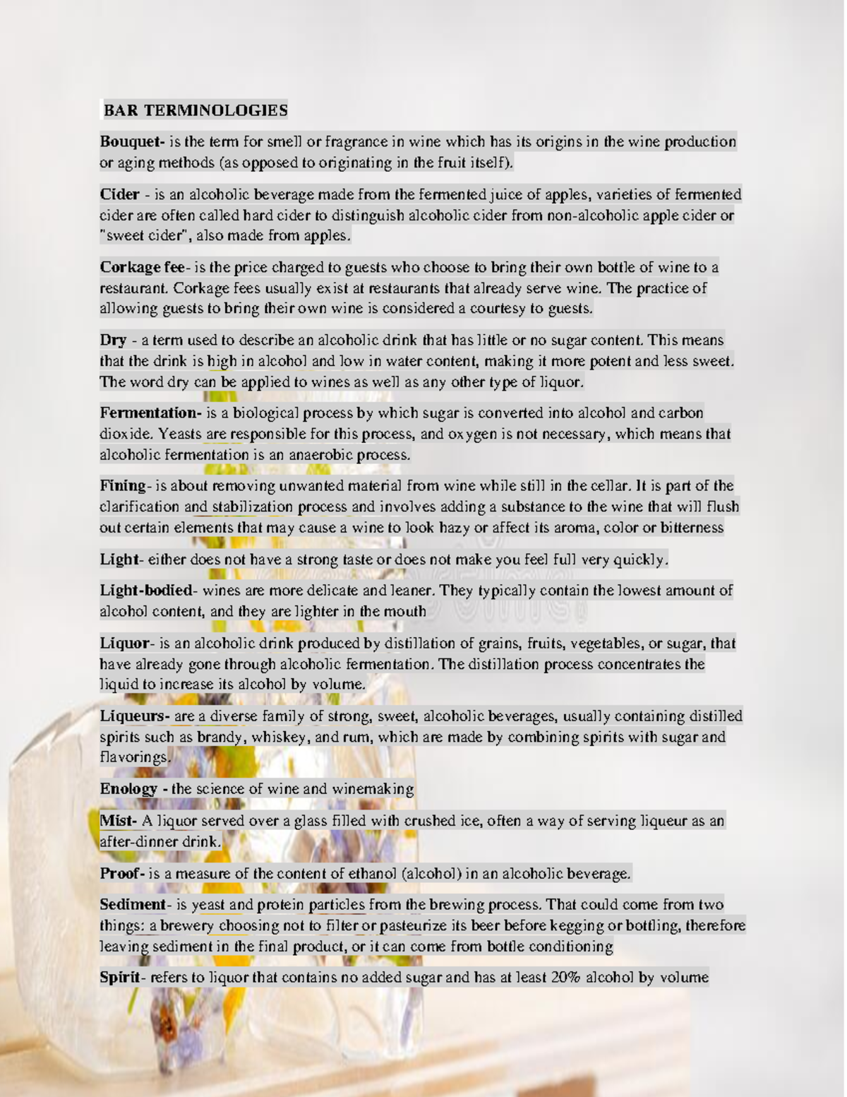 BAR Terminologies - Lecture Notes on Wine and Alcoholic Beverages - Studocu