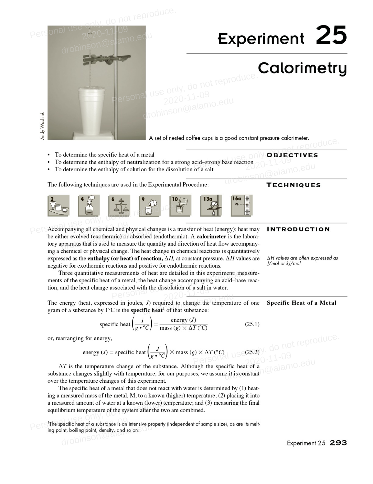 Lab Manual Beran 10e: Experiment 25 - Calorimetry Techniques and ...