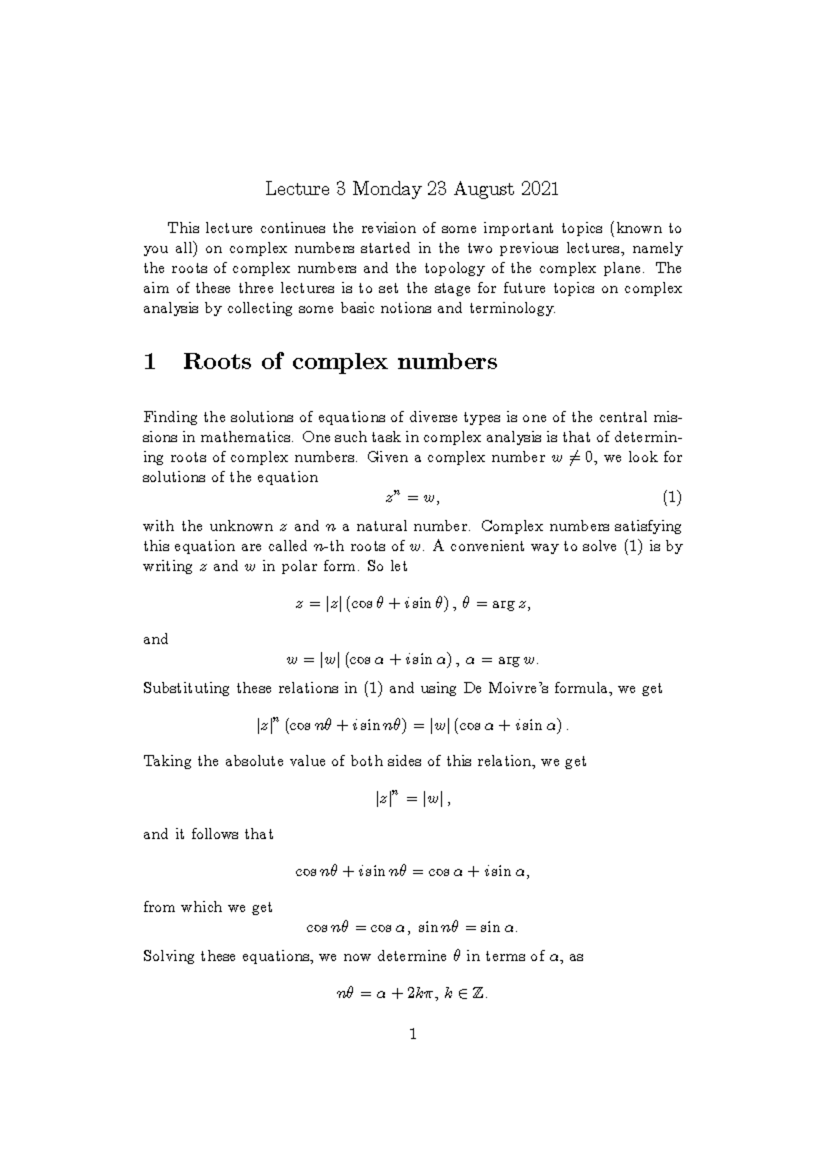Lecture 3: Roots of Complex Numbers and Topology Concepts - Studocu
