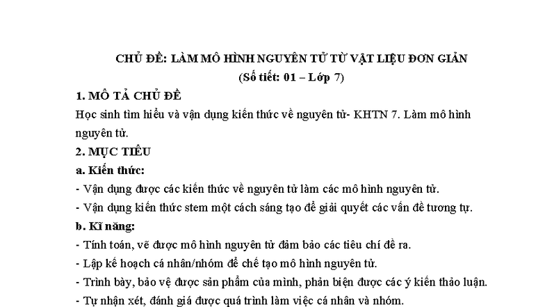 Mô Hình Nguyên Tử - Dự Án STEM KHTN 7 (Số Tiết: 01) - Studocu