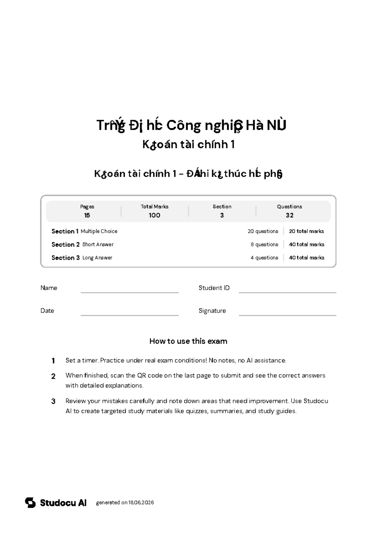Kế toán tài chính 1 - Đề thi kết thúc học phần - Studocu