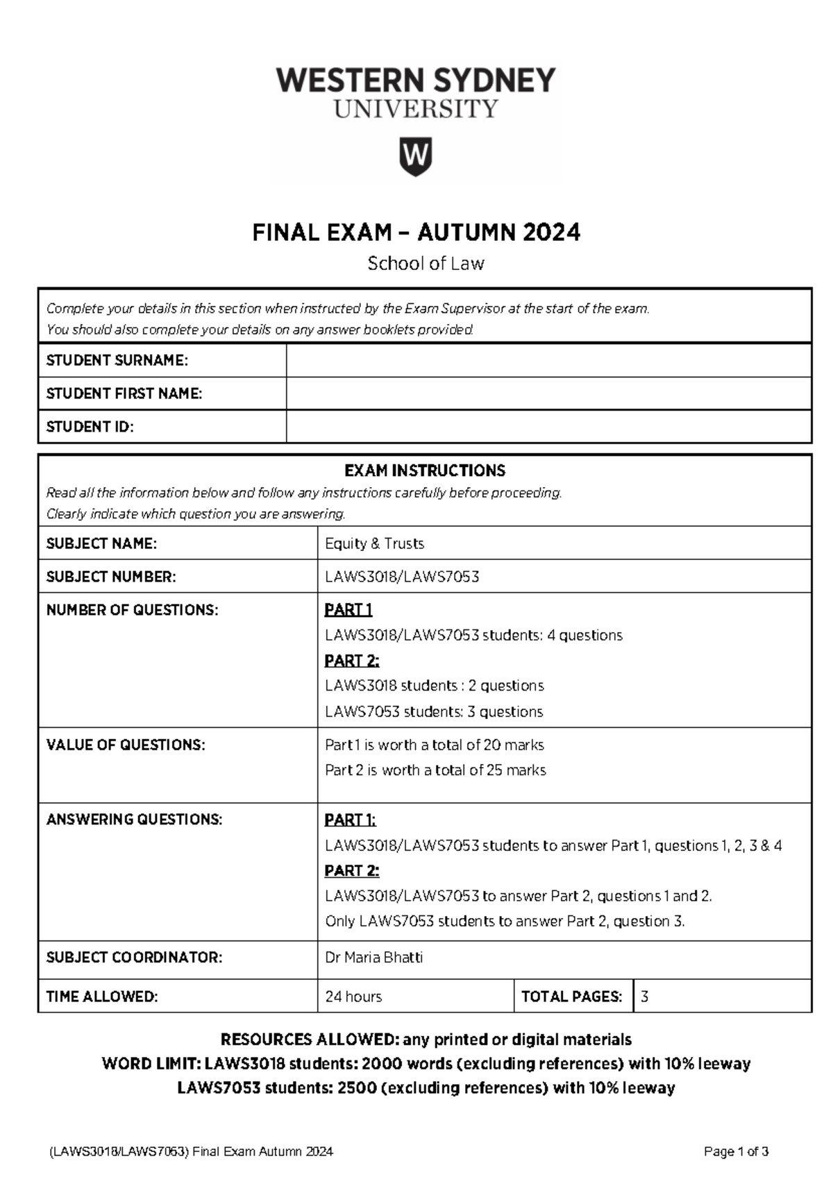 LAWS3018 LAWS7053 Autumn 2024 Final Exam Instructions and Questions ...
