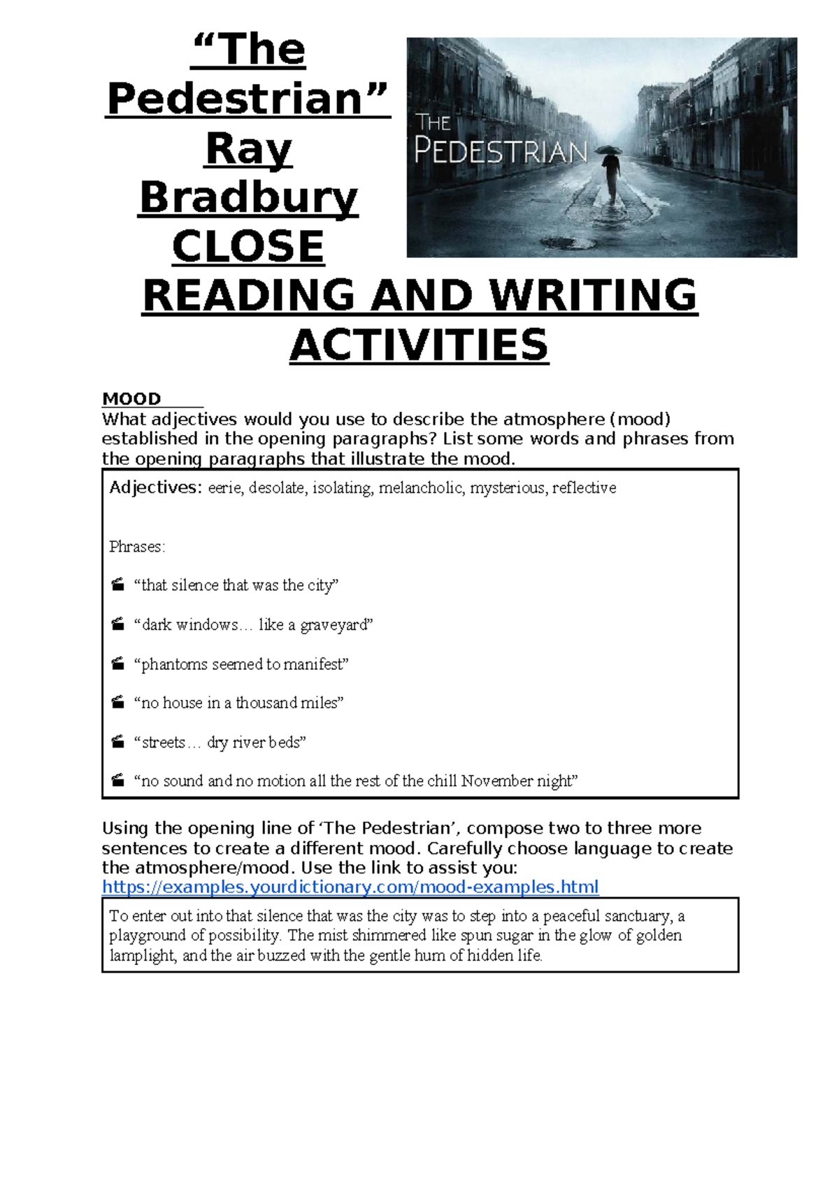 04 - The Pedestrian: Close Reading & Writing Activities on Mood - Studocu