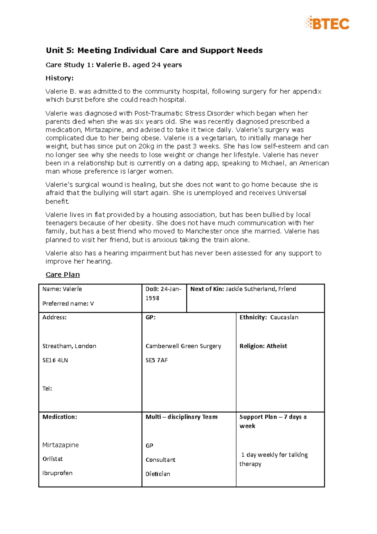 Case Studies for Care Needs – U5 Analysis and Support Plans - Studocu